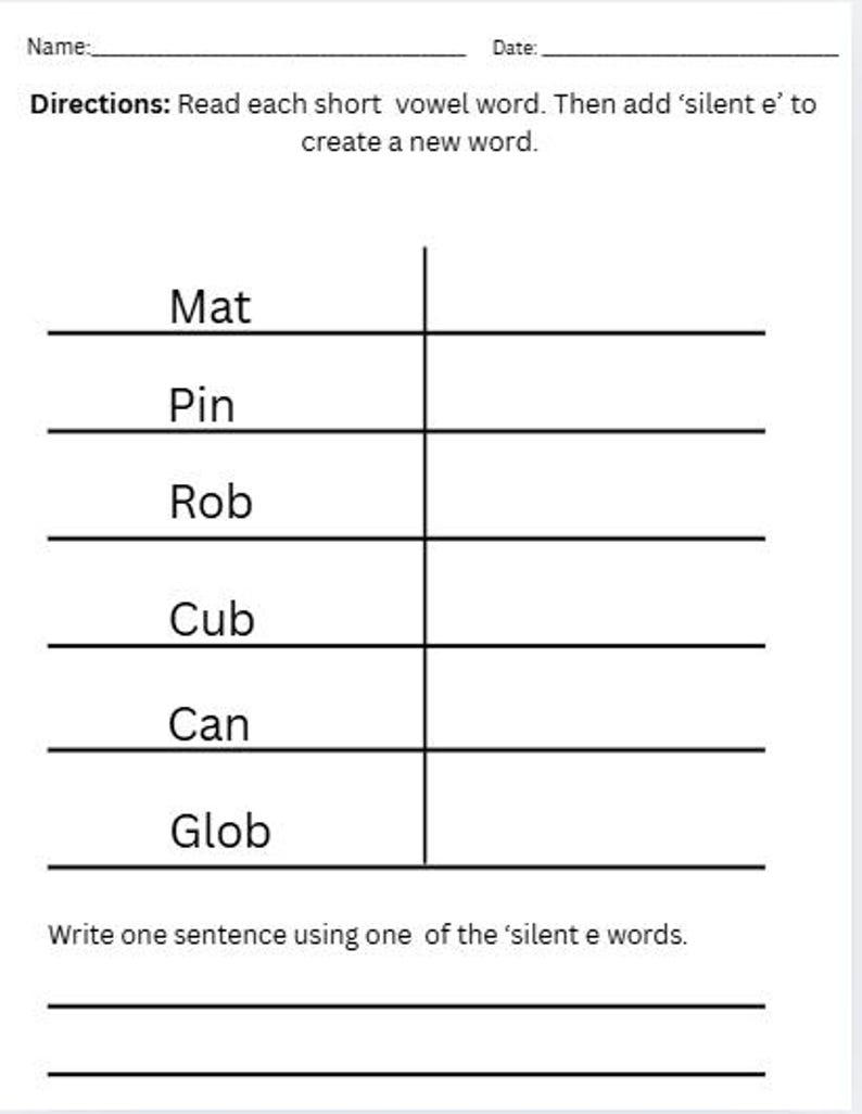 Phonics Practice Sheets: Vowel Consonant E, 7 Pages (printable) - Etsy