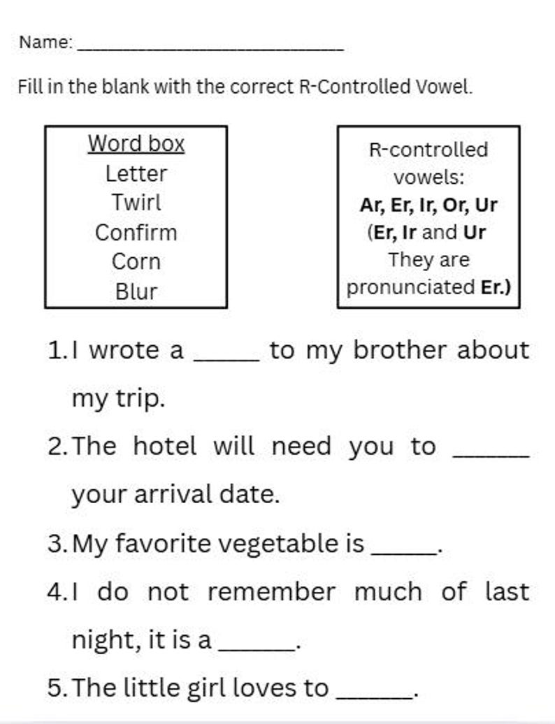 R-controlled Vowels Worksheet: Phonics Practice, Teacher Aid (10 Pages ...