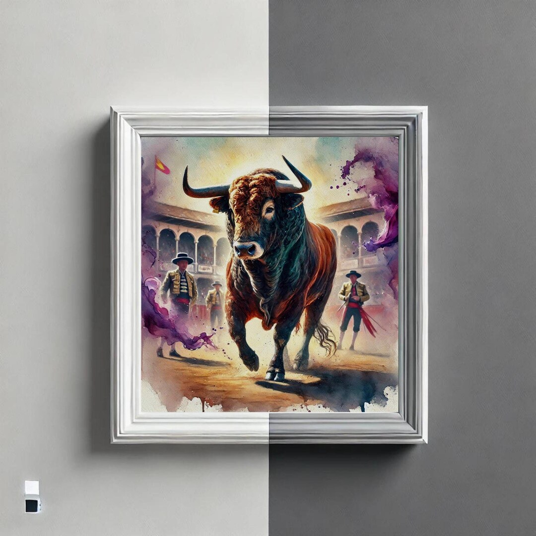 Bull Entering the Arena, Watercolor Bull Art, Powerful Bull Scene, Bold ...
