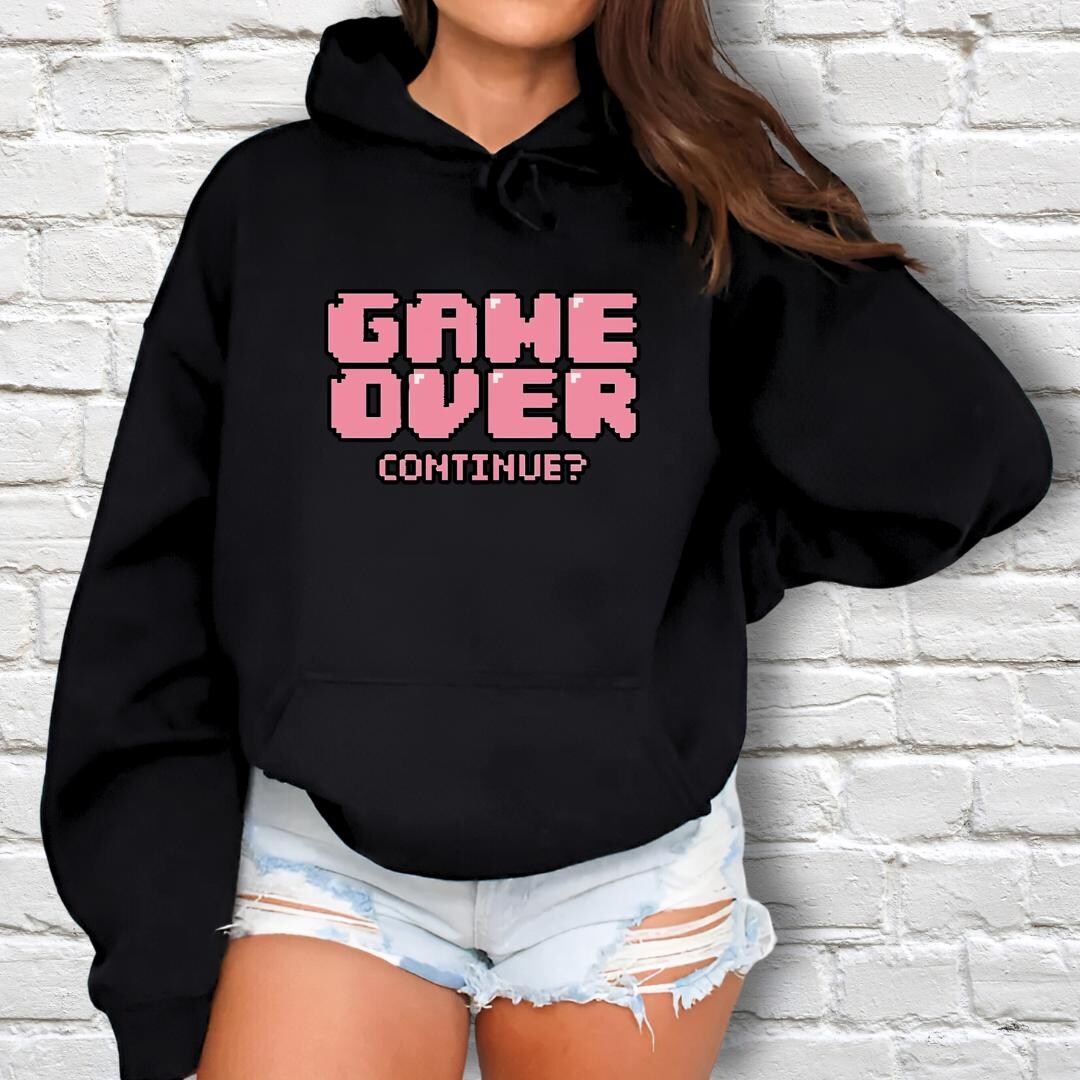 Pixel Game Over Hoodie – Retro Gamer Aesthetic With Continue Prompt - Etsy