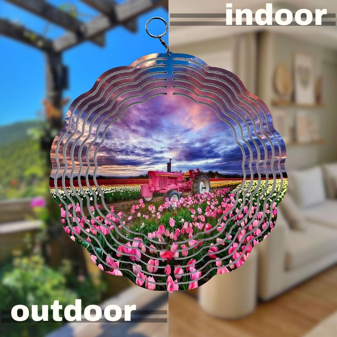 Cute Pink Tractor and Tulip Field Design Wind Spinner Art 10 Inch for ...