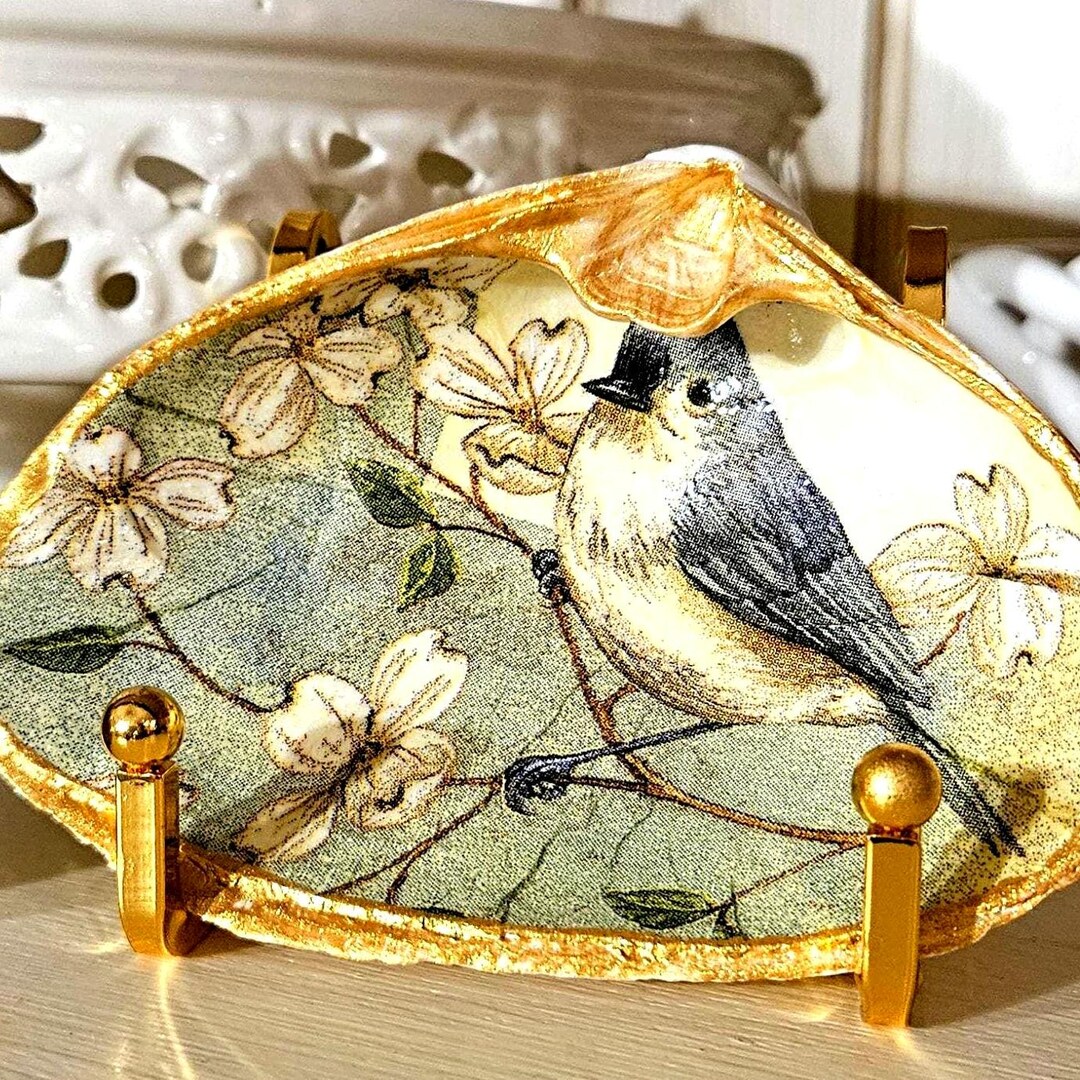 Titmouse Bird Decoupage Seashell - Coastal Bird Decor - Bird Ring Dish ...