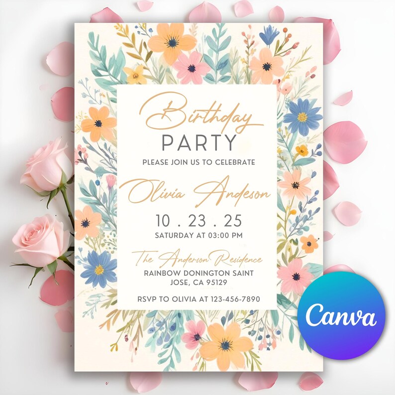 Wildflower Birthday Party Invitation, Meadow Floral Woman's Birthday ...