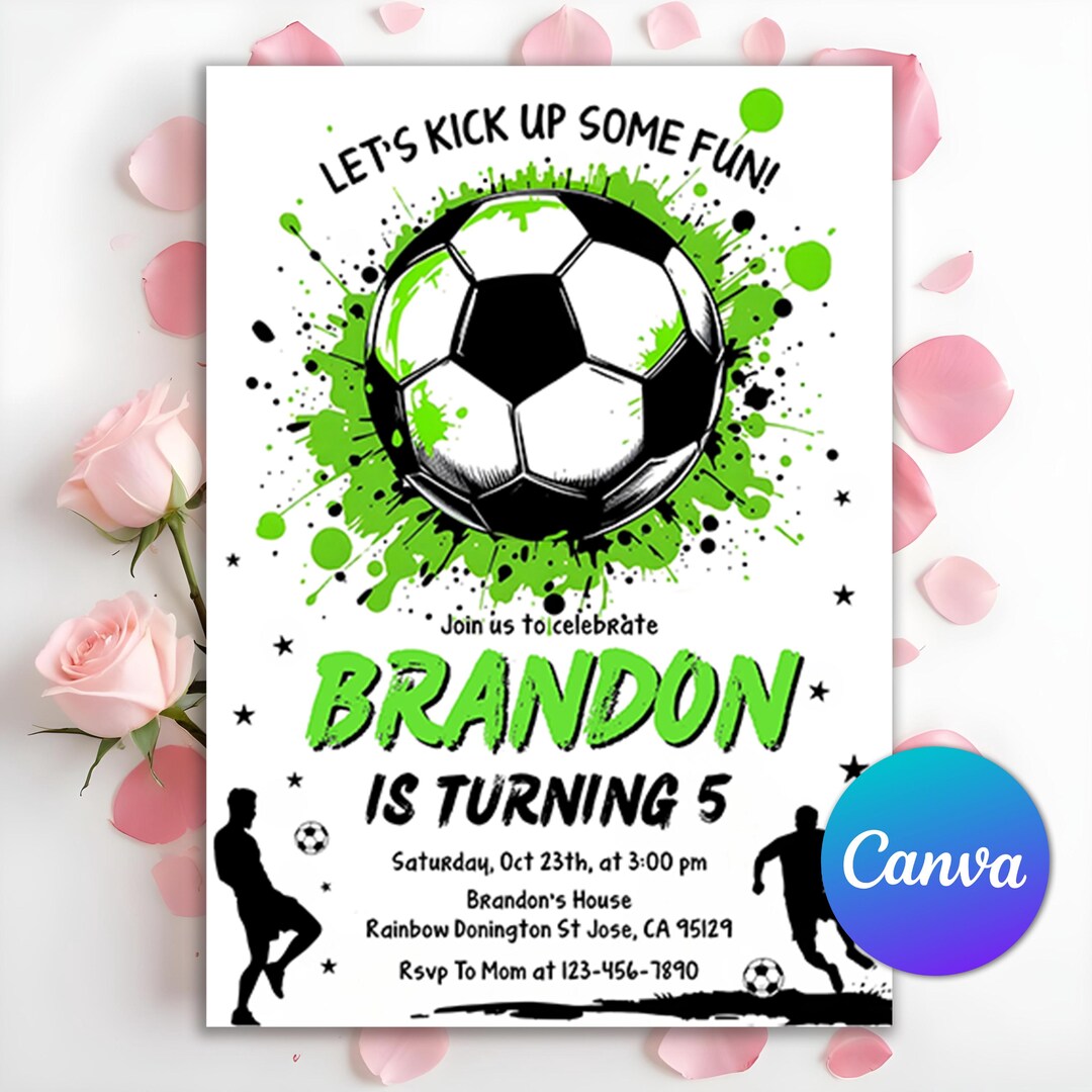Football Soccer Birthday Invitation, Soccer Party Invitation, Editable ...