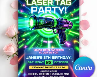 Laser Tag Birthday Invitation, Laser Tag Party Invite, Neon Glow ...