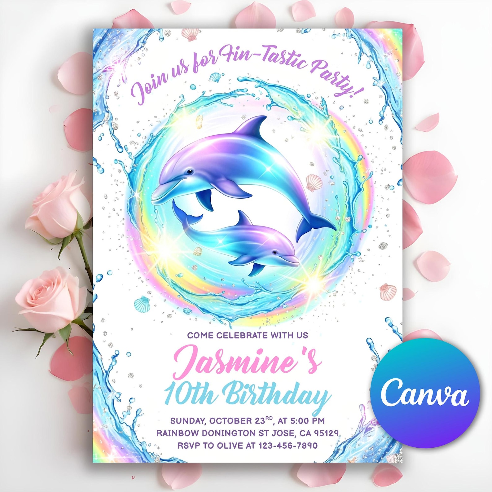 Dolphin Birthday Party Invitation, Neon Glow Dolphin Party, Beach ...