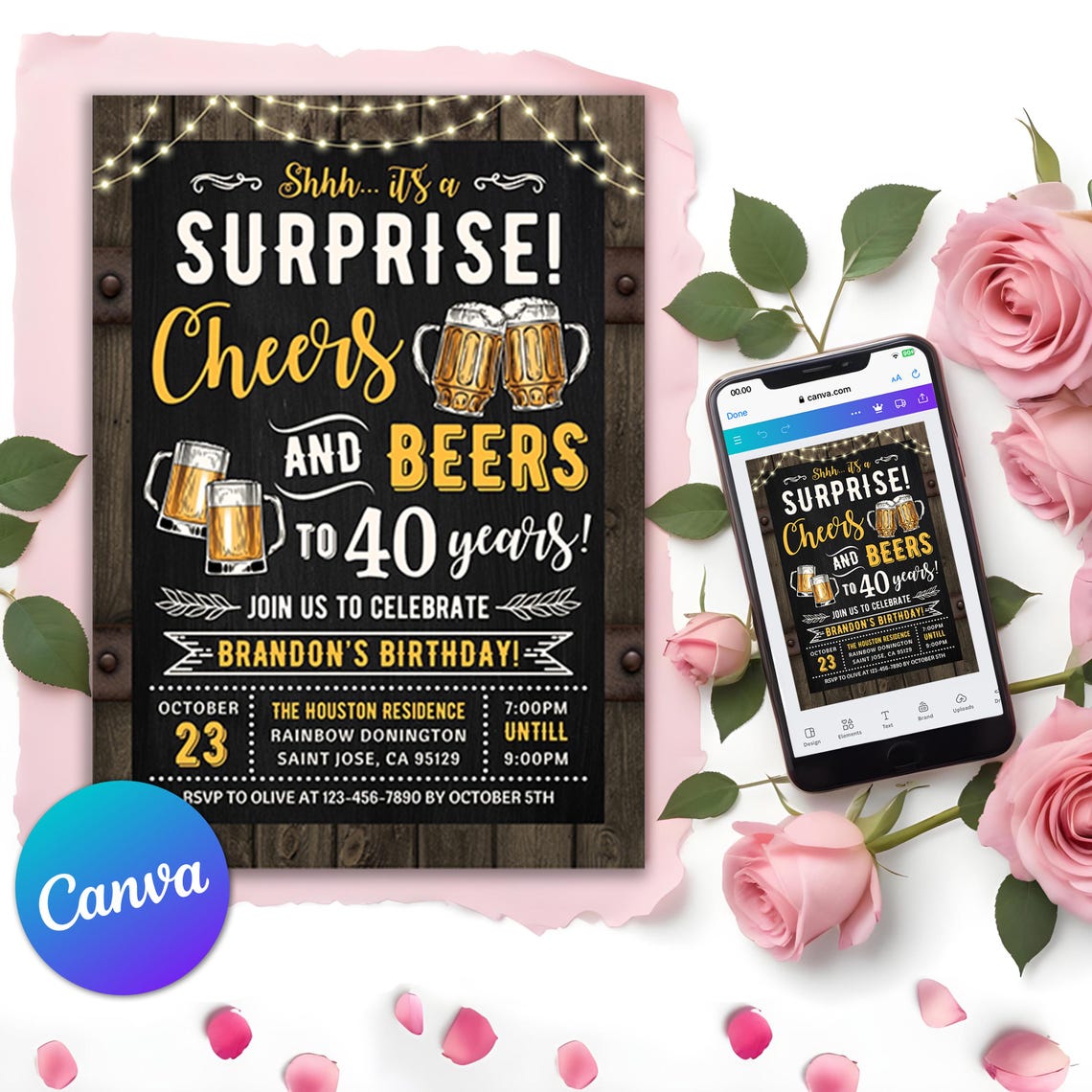40th Cheers and Beers Surprise Birthday Party Invitation, Shhh It's a ...