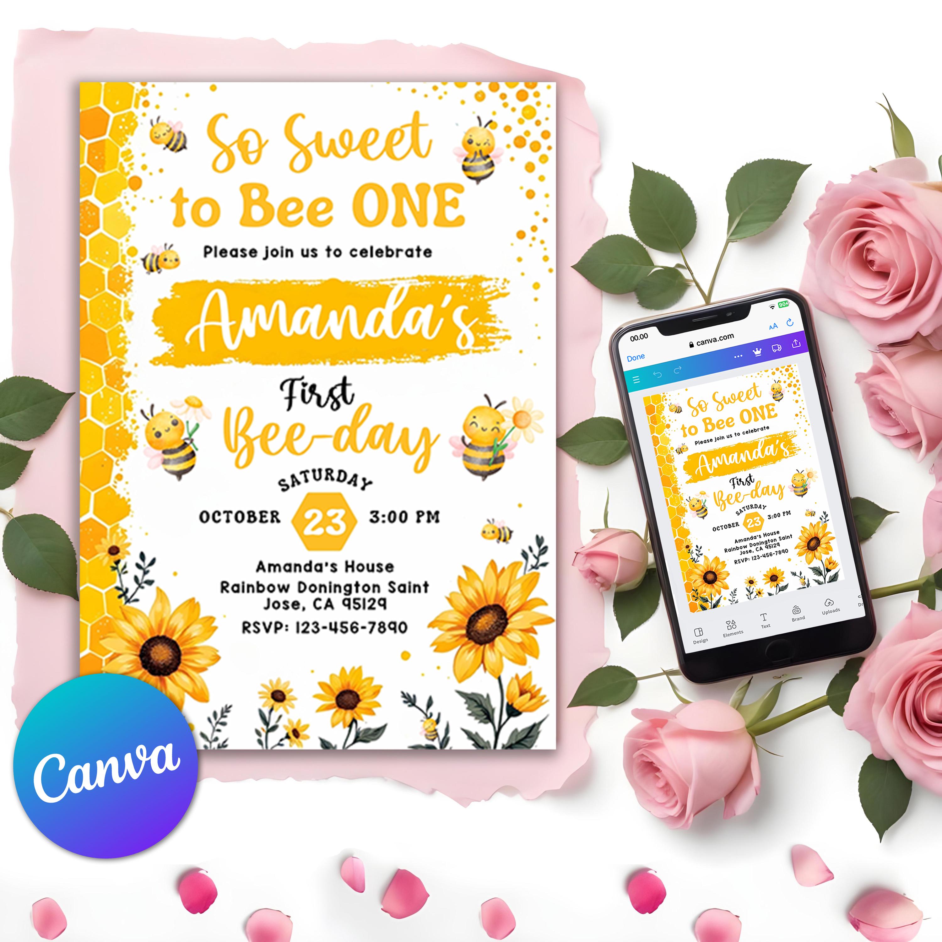 Bee First Birthday Invitation, Honey Bee 1st Birthday Invite, Sweet to ...