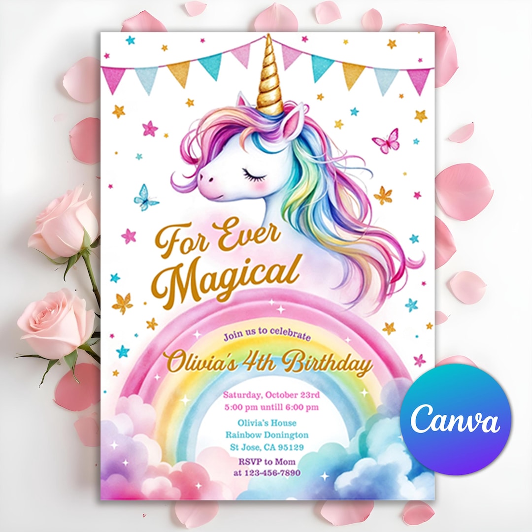 Unicorn Birthday Invitation, Rainbow Unicorn Invitation, Pastel Rainbow ...
