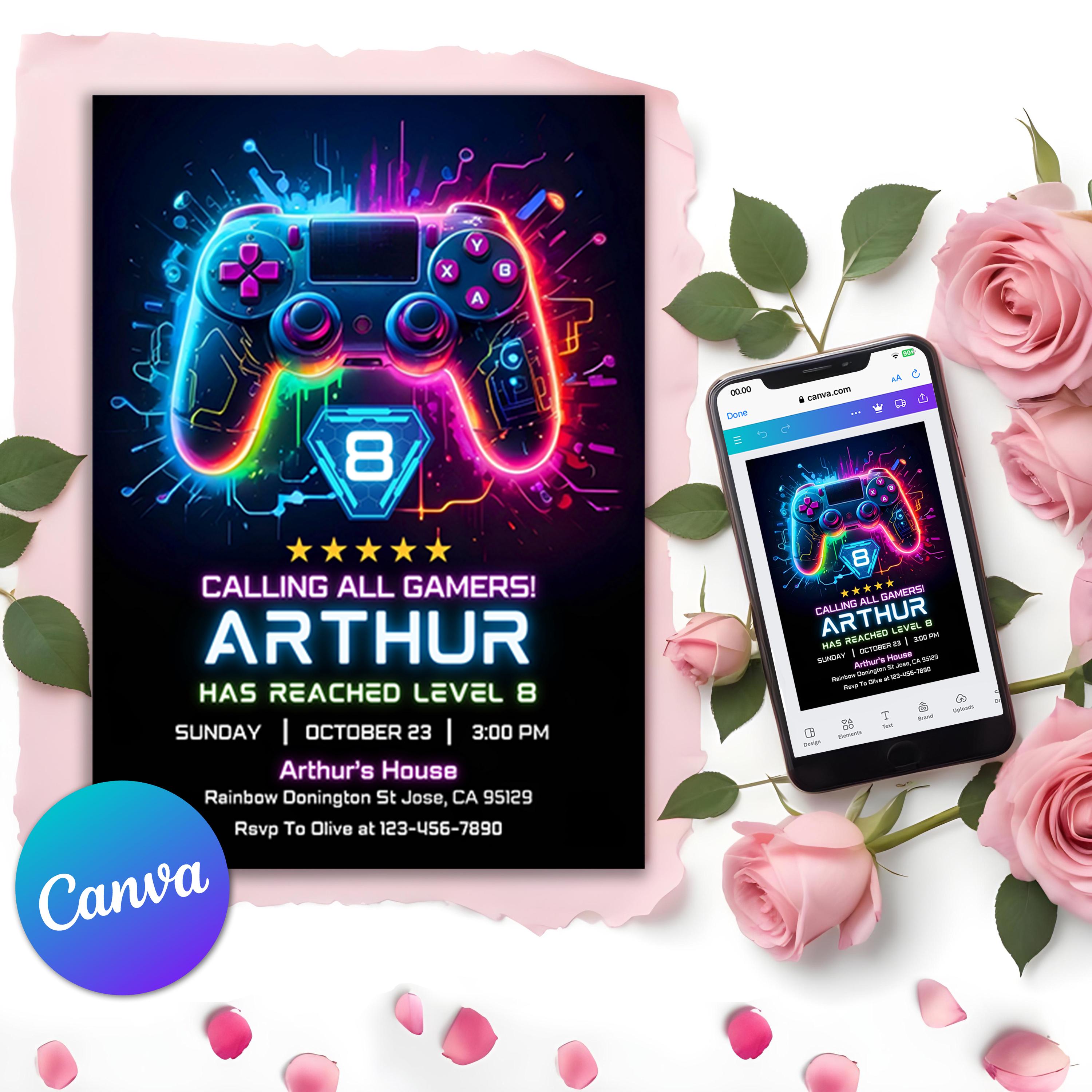 Video Game Party Invitation, Level up Birthday Invite, Glow Video Gamer ...