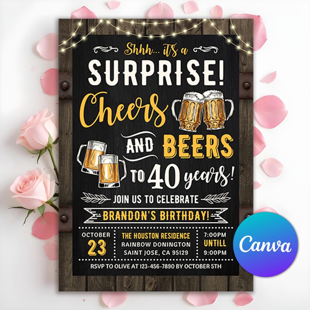 40th Cheers and Beers Surprise Birthday Party Invitation, Shhh It's a ...
