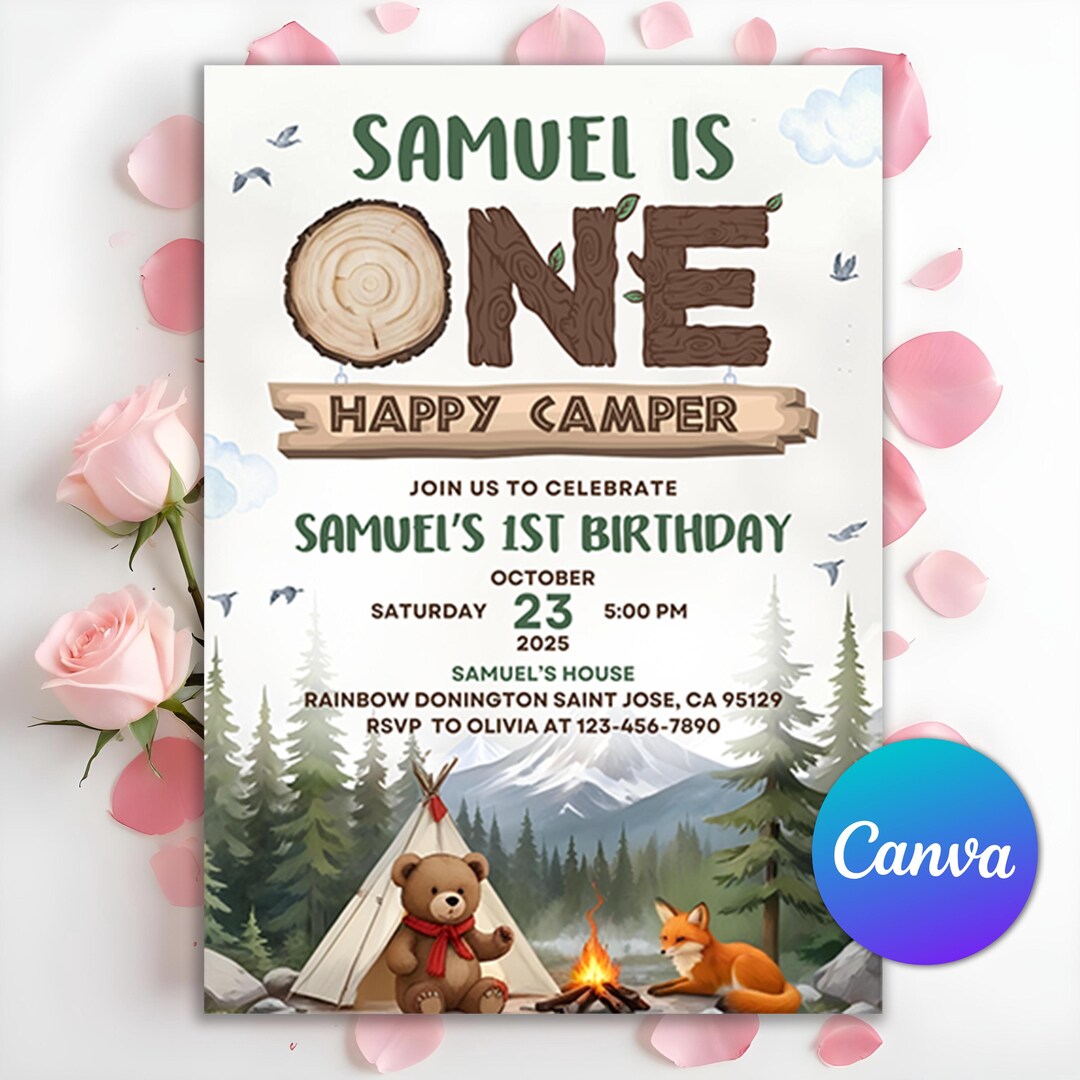 One Happy Camper Birthday Invitation, Boy Happy Camper Invitation, Camping 1st Birthday, First ...