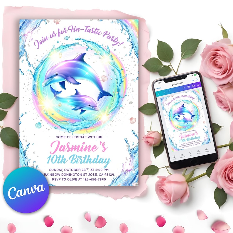 Dolphin Birthday Party Invitation, Neon Glow Dolphin Party, Beach ...