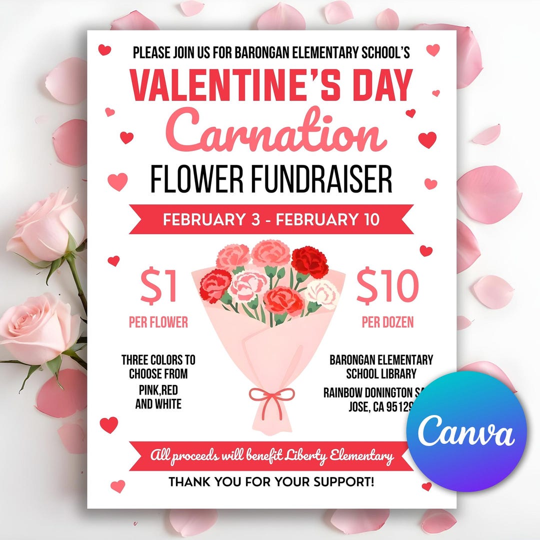 Valentines Day Carnation Flower Fundraiser Flyer, Red Valentines School ...