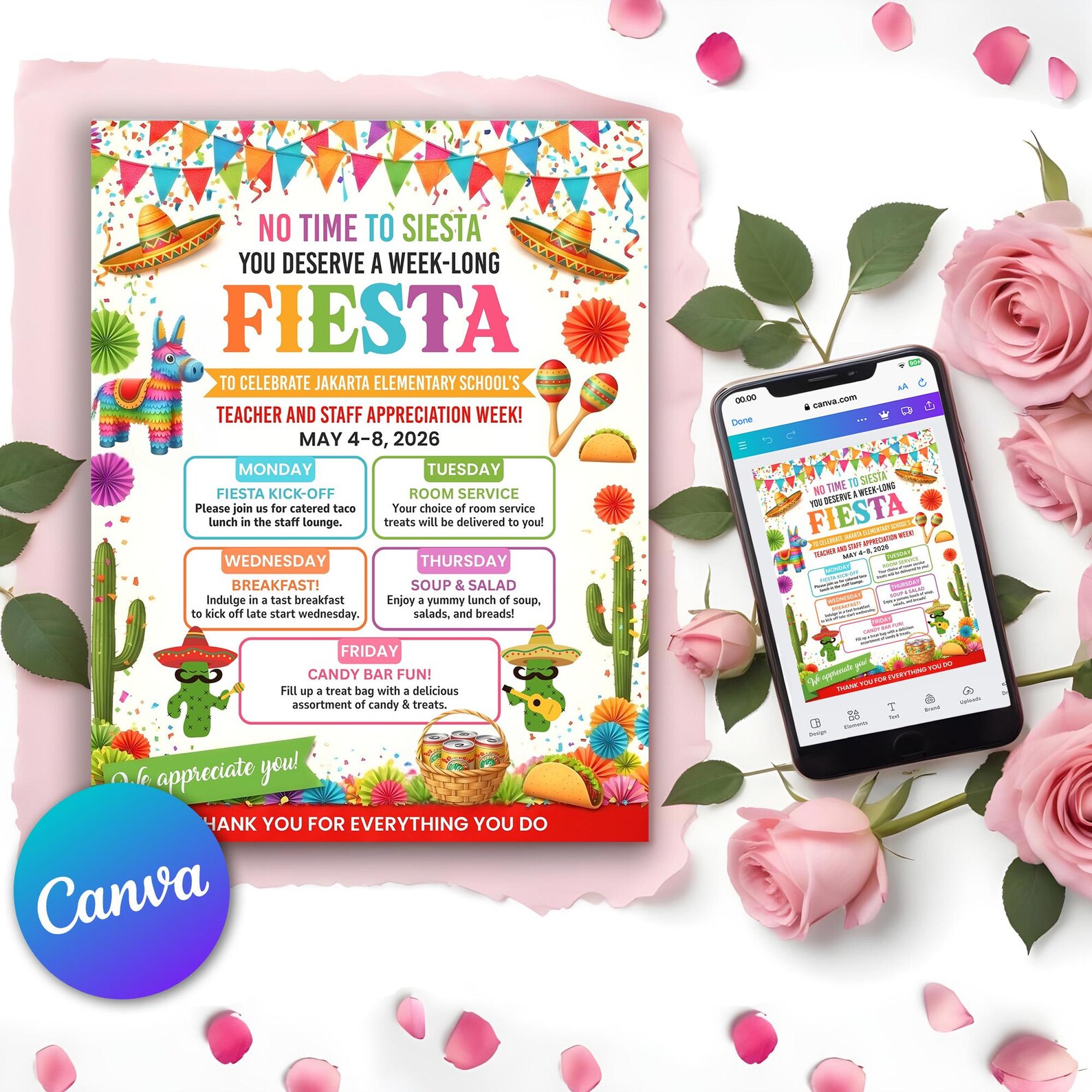 Fiesta Teacher Appreciation Week Flyer, Itinerary Poster, Nacho Taco ...