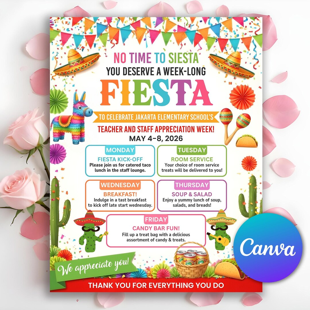 Fiesta Teacher Appreciation Week Flyer, Itinerary Poster, Nacho Taco ...