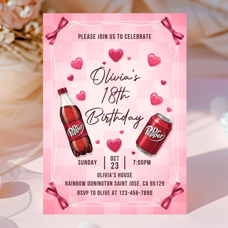 Dr Pepper Soda Birthday Party Invitation, Pink 18th Birthday, Dr Pepper ...