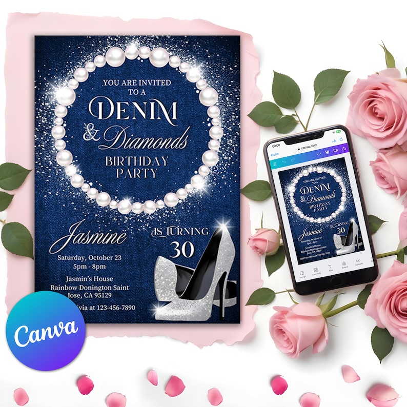 Denim and Diamonds Birthday Party Invitation, Elegant Women Invitation ...