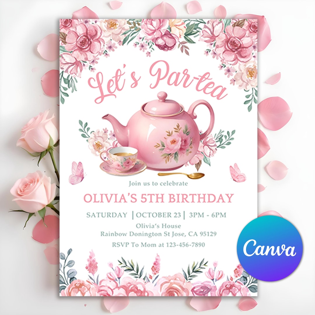 Tea Party Birthday Invitation, Pink Gold Par-tea Invite, Whimsical Tea ...