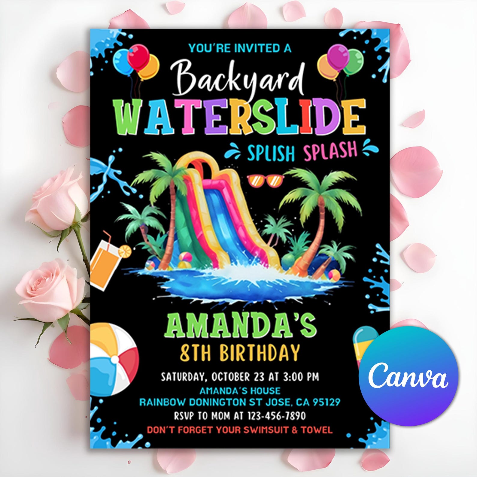 Waterslide Birthday Invitation, Boy or Girl Splash Party Invite, Summer ...