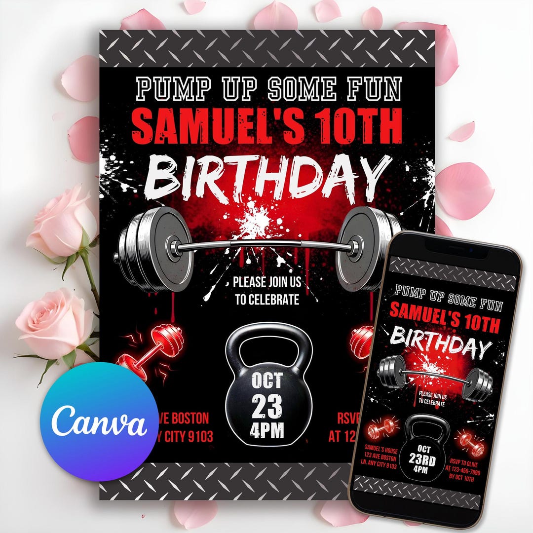 Fitness Gym Birthday Invitation, Workout Party, Weights Gym Party ...