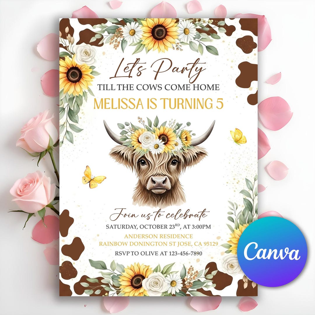 Sunflower Holy Cow Birthday Invitation, Sunflower Highland Cow Birthday ...