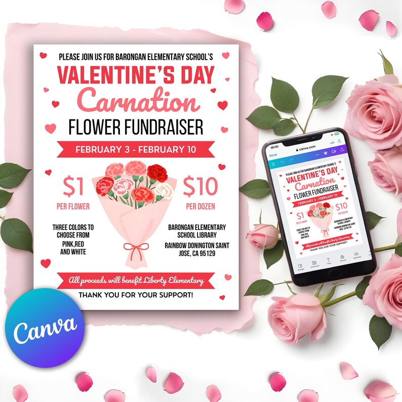 Valentines Day Carnation Flower Fundraiser Flyer, Red Valentines School ...