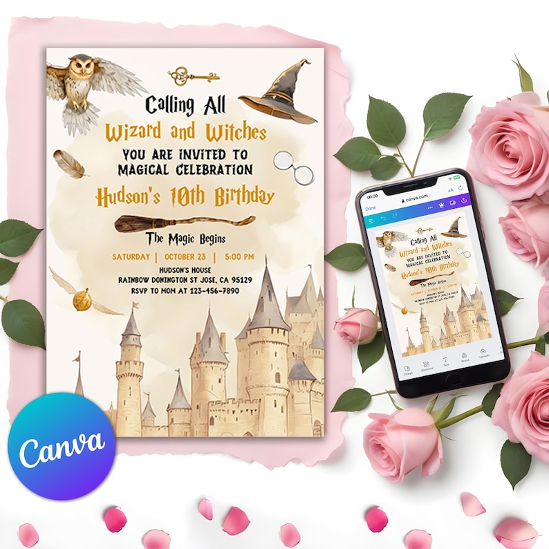 Wizards Witches Birthday Invitation, Magic Theme Birthday Party, Castle ...