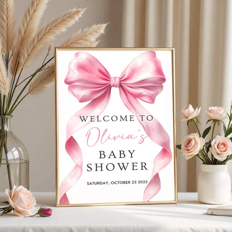 Pink Bow Baby Shower Welcome Sign, Modern Blush Pink Bow Party Yard ...