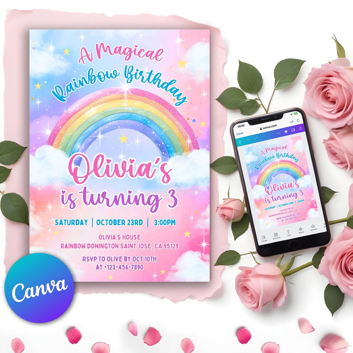 Rainbow Birthday Invitation, Colorful Party Invite, Girls Party Invites ...