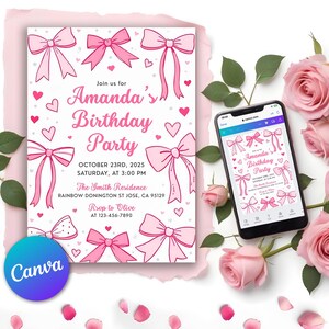 Pink Bow Theme Birthday Invitation, Pink Bow Birthday, Coquette Pink ...