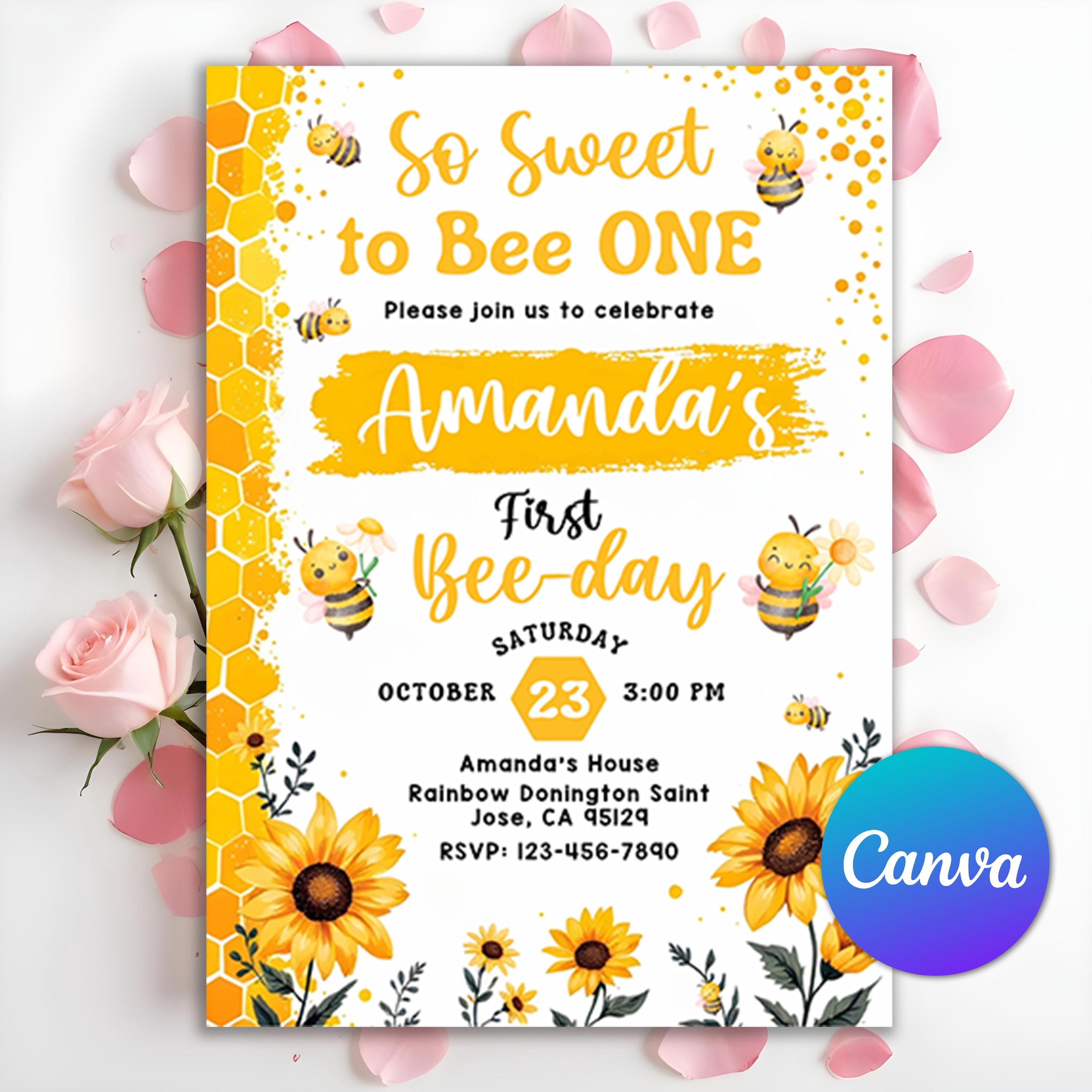 Bee First Birthday Invitation, Honey Bee 1st Birthday Invite, Sweet to ...