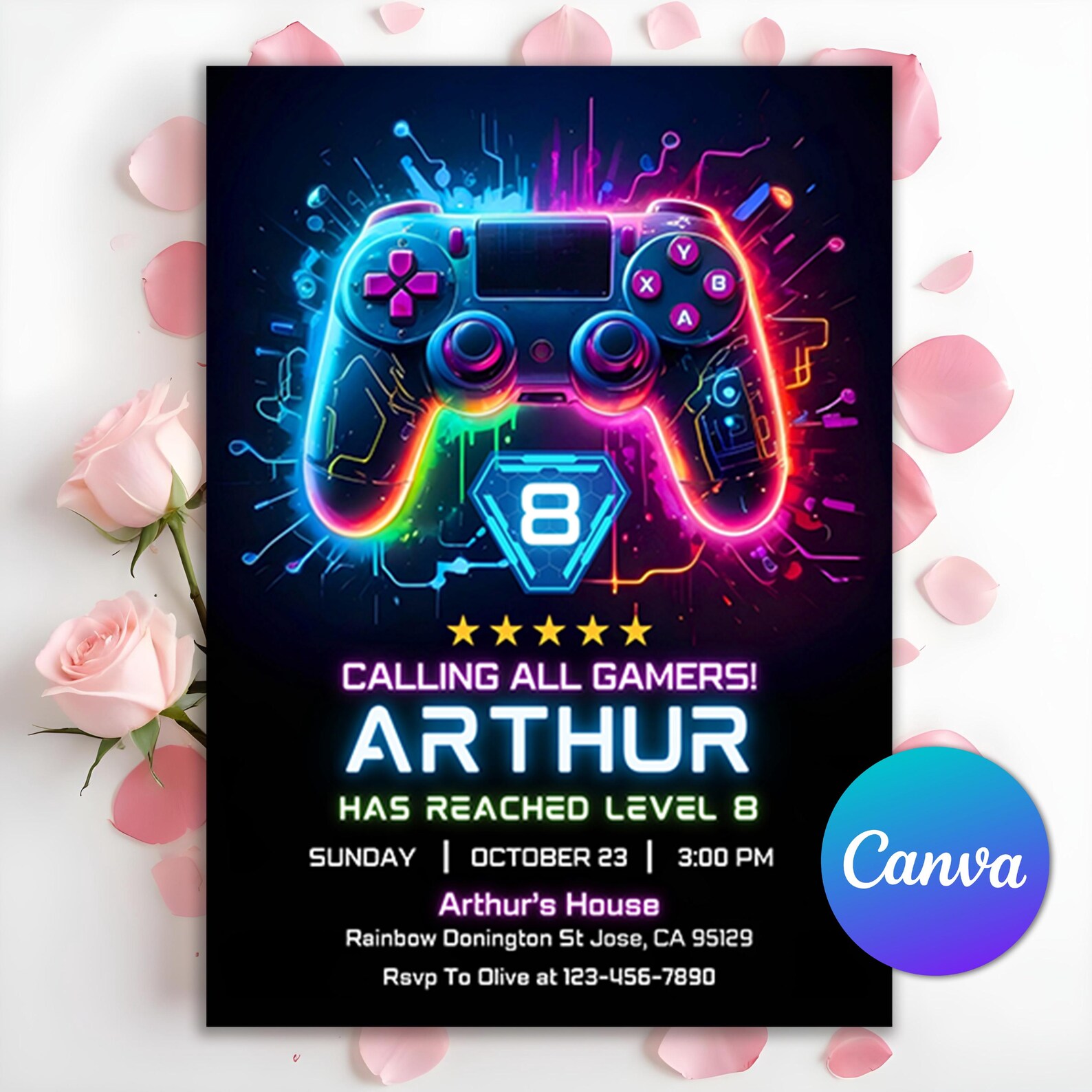 Video Game Party Invitation, Level up Birthday Invite, Glow Video Gamer ...