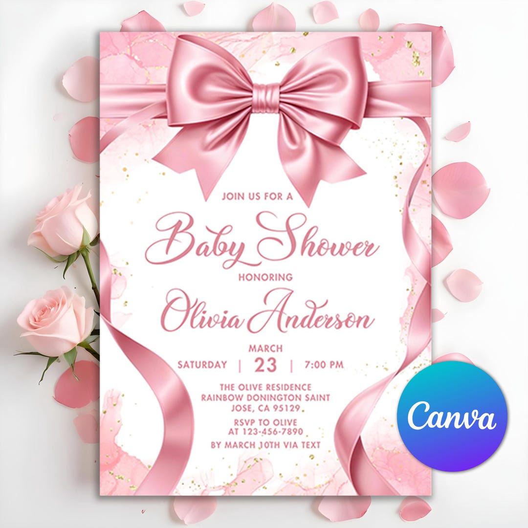 Pink Bow Baby Shower Invitation, Modern Blush Pink Bow, Baby Girl ...