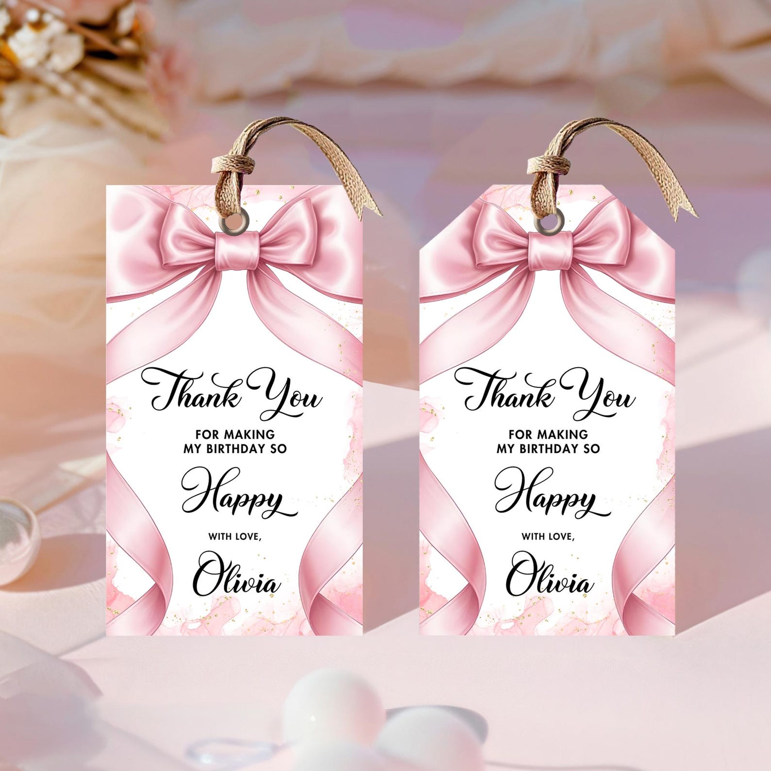 Pink Bow 1st Birthday Thank You Gift Tag, Pink Coquette Bow Favor Tags ...