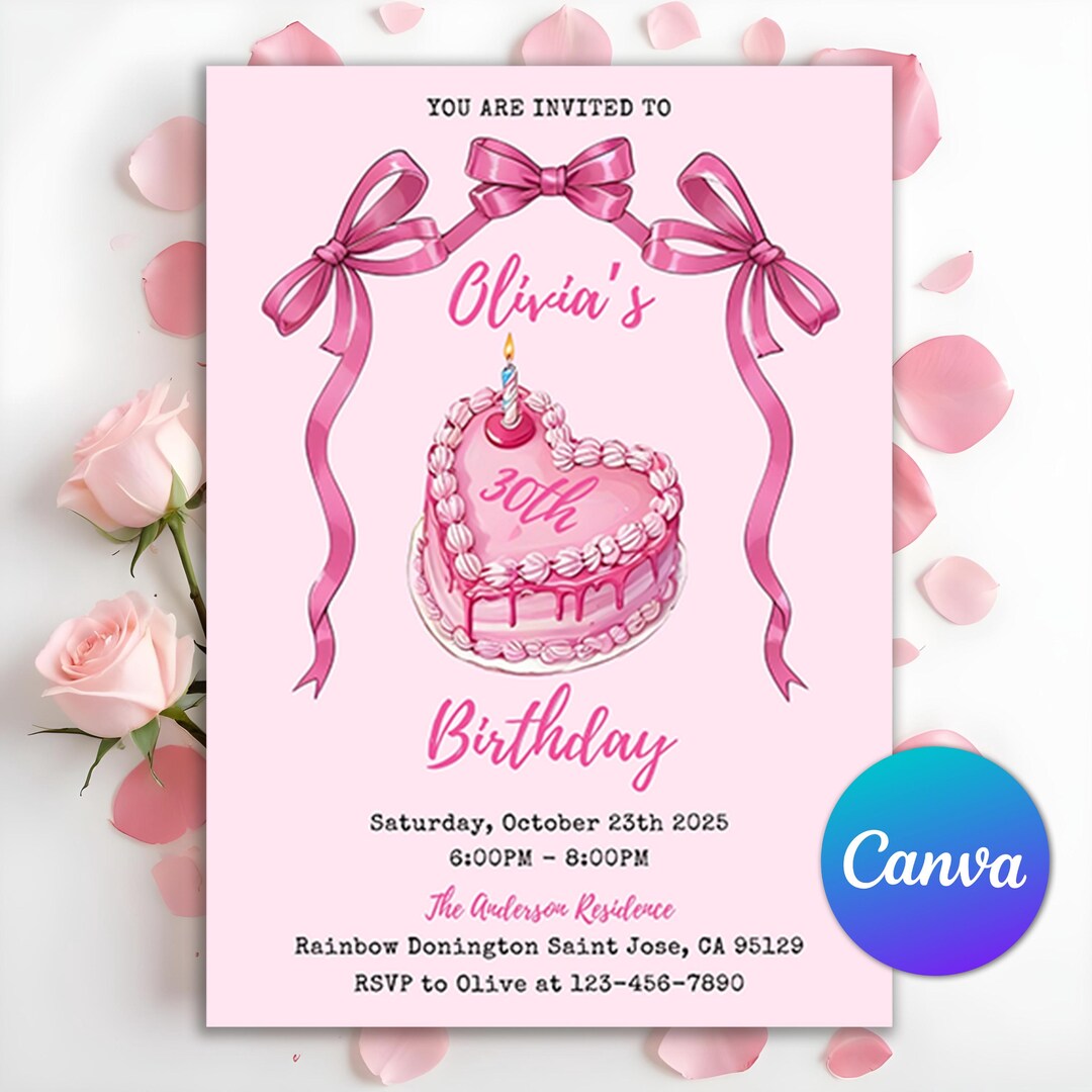 Retro Cake Birthday Invitation, 30th Birthday Invite, Heart Cake Invite ...