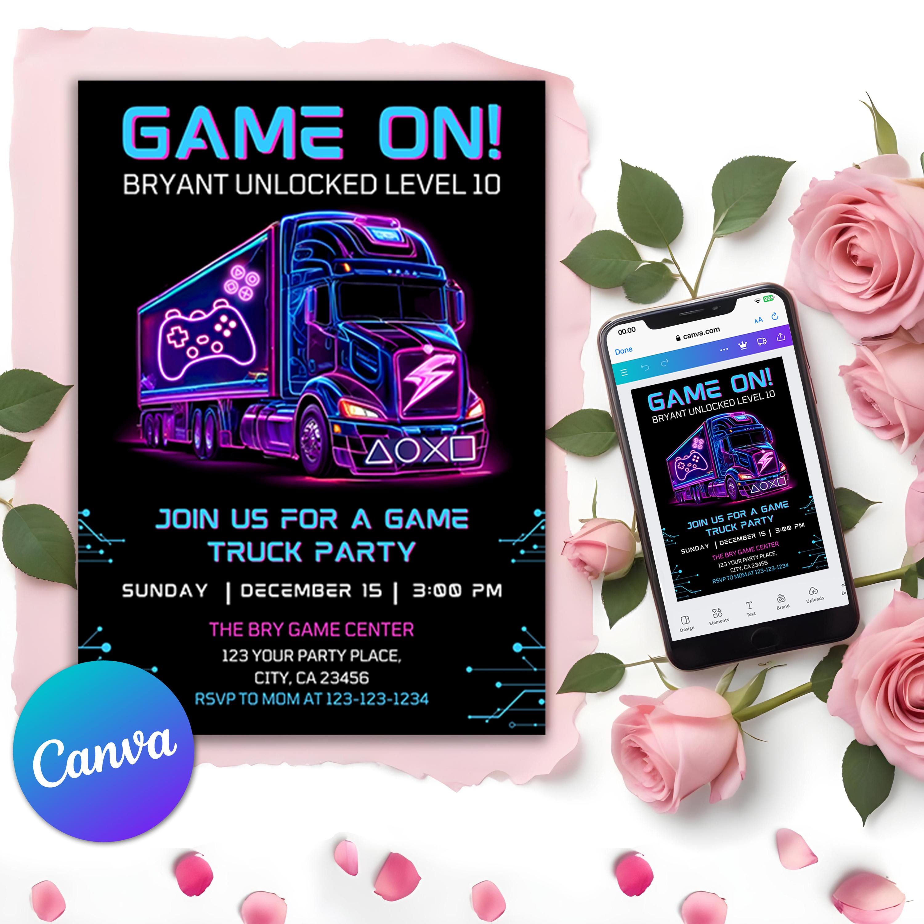 Video Game Truck Birthday Party Invitation, Editable Game Truck Party ...