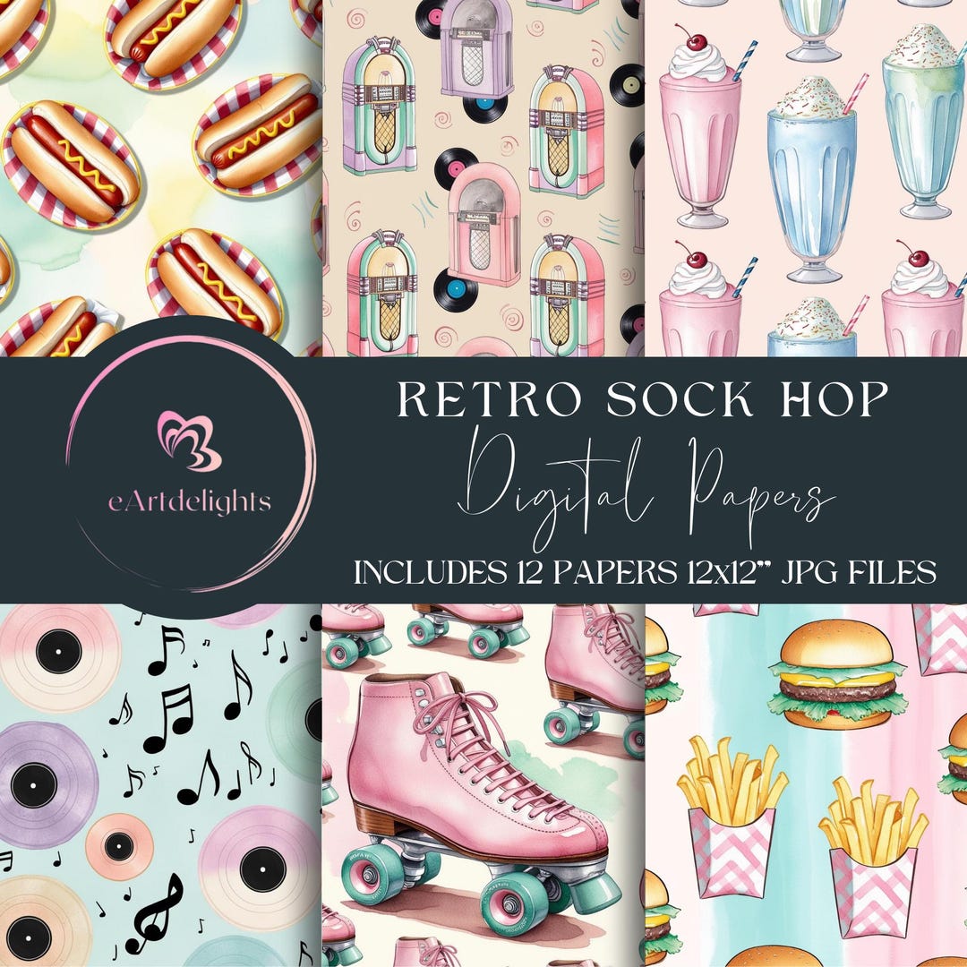 Sock Hop Digital Papers Pack, Retro 50s Diner With Milkshakes, Jukebox ...