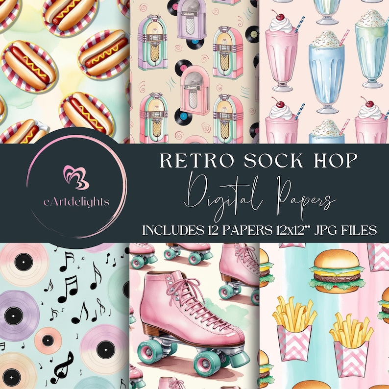 Sock Hop Digital Papers Pack, Retro 50s Diner With Milkshakes, Jukebox ...