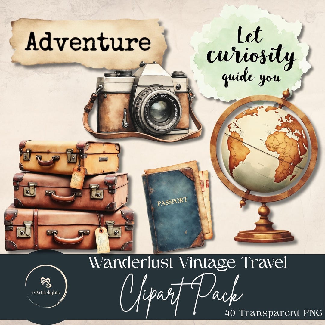 Wanderlust Vintage Travel Clipart Pack | Retro Adventure Illustrations ...