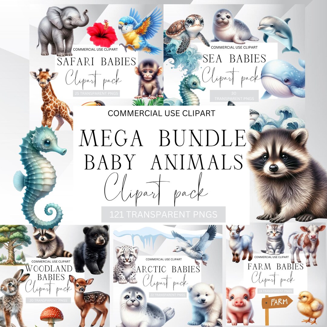 Cute Baby Animals Mega Bundle - Safari, Arctic, Farm, Sea & Woodland ...