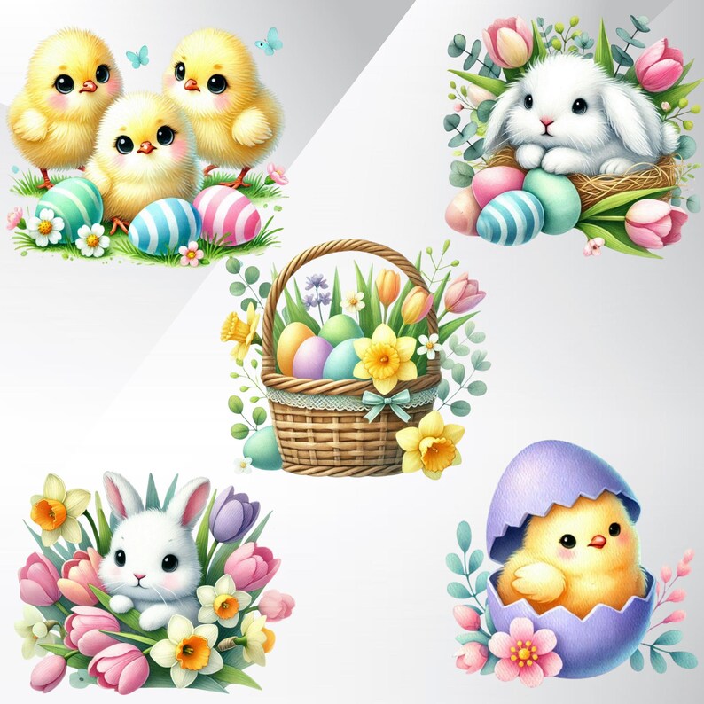 Easter Clipart Pack, Bunnies, Chicks, Eggs, Spring Flowers (digital ...