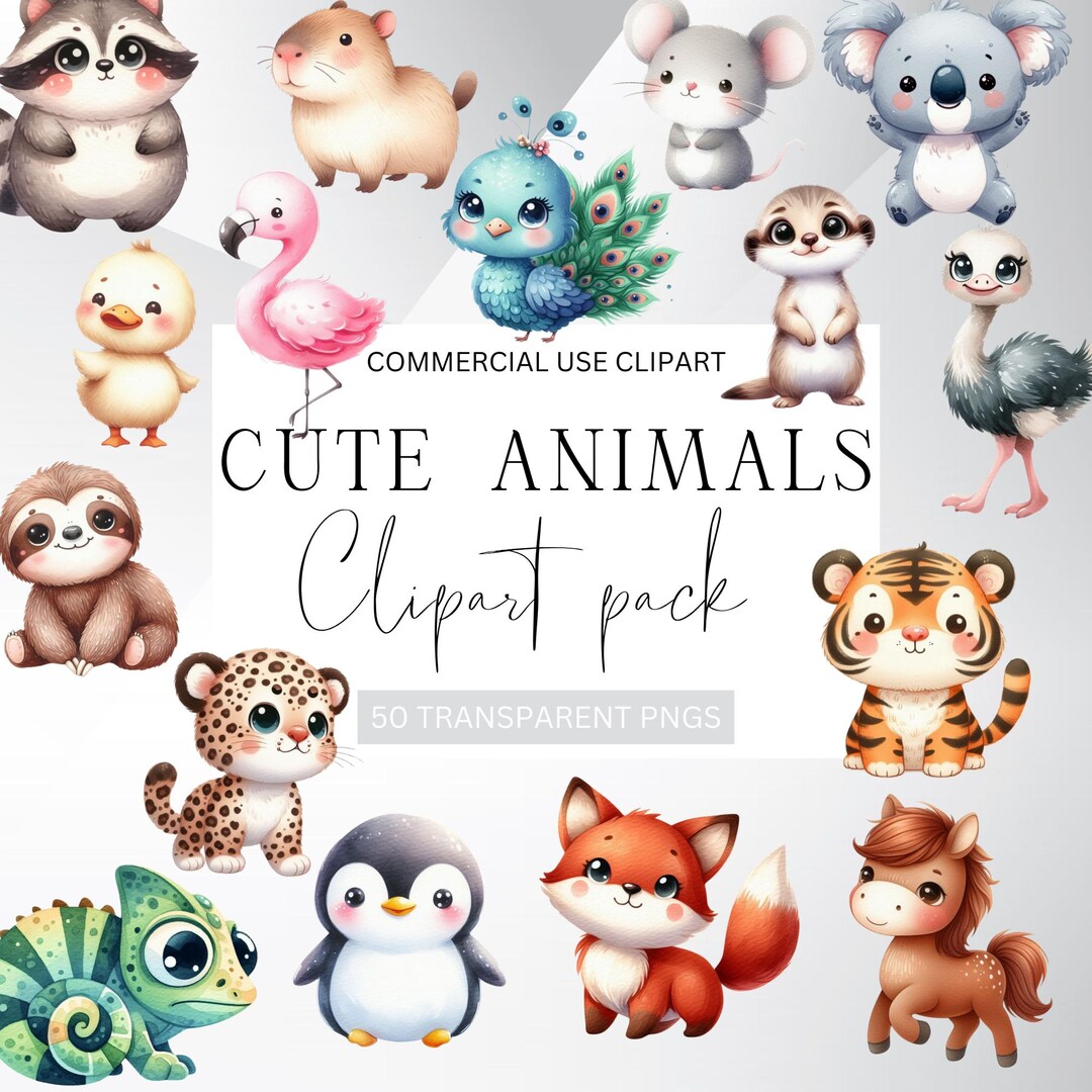 Watercolour Cute Animals Clipart, 50 Cute Animal PNG, Watercolor ...