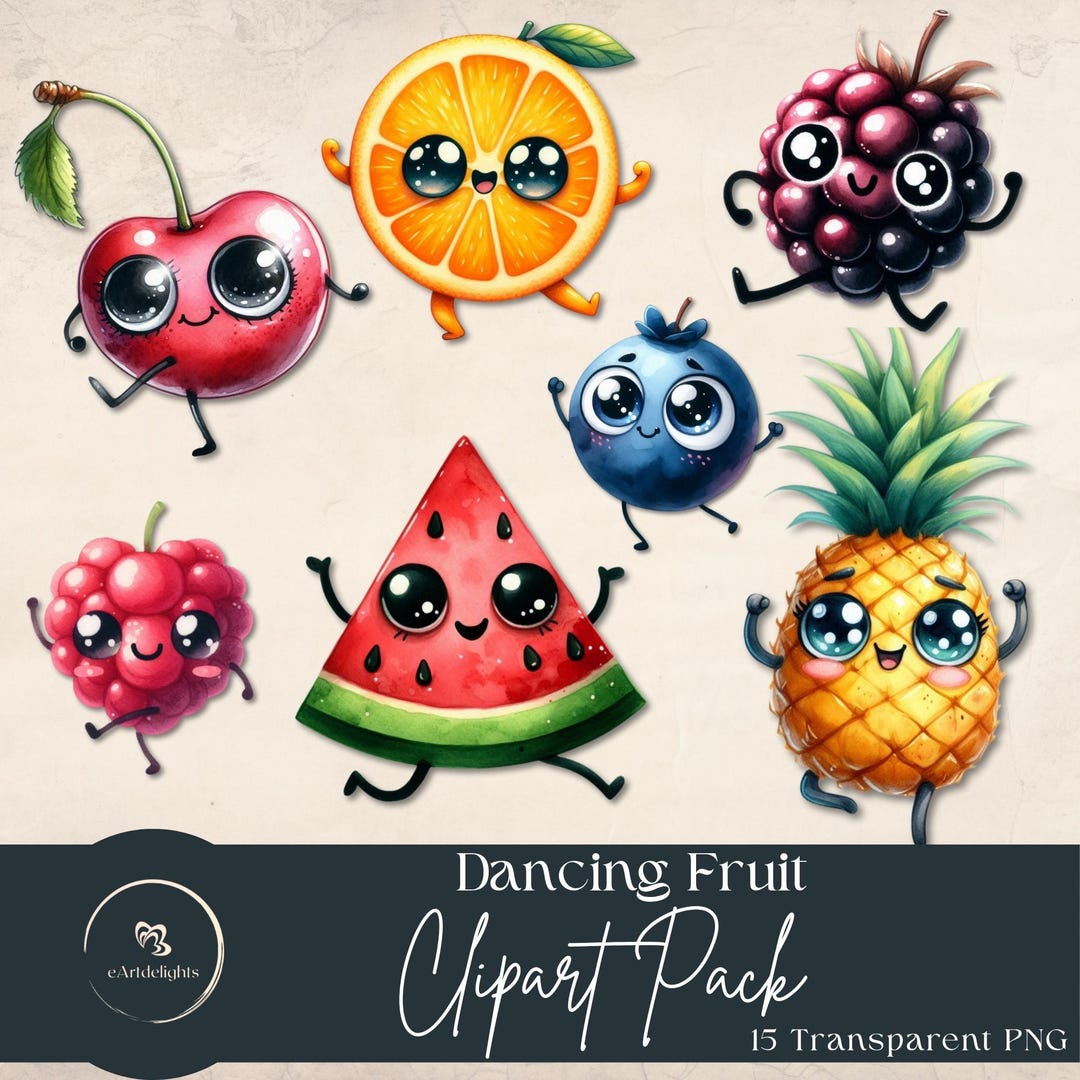Kawaii Fruit Clipart Pack: Happy Peach, Pineapple, Blueberry (digital ...