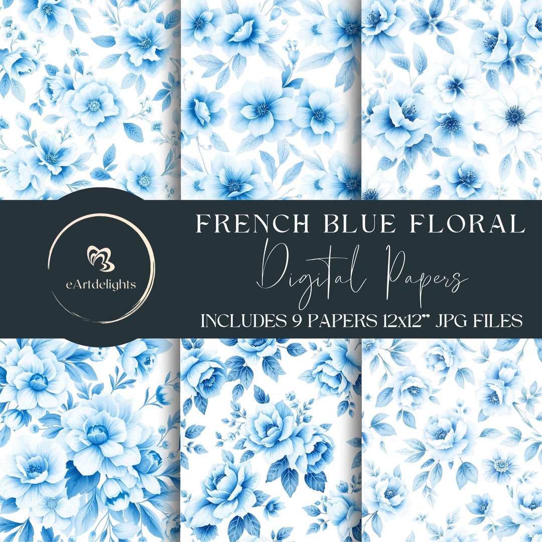 French Blue Floral Digital Paper: Vintage Scrapbook Backgrounds ...