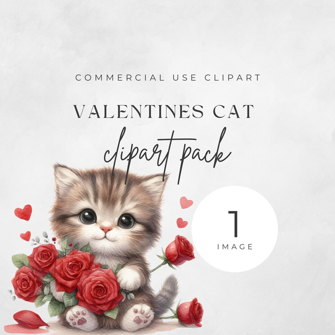 Valentines Cat Clipart, Cute Kitten With Roses Digital Illustration ...