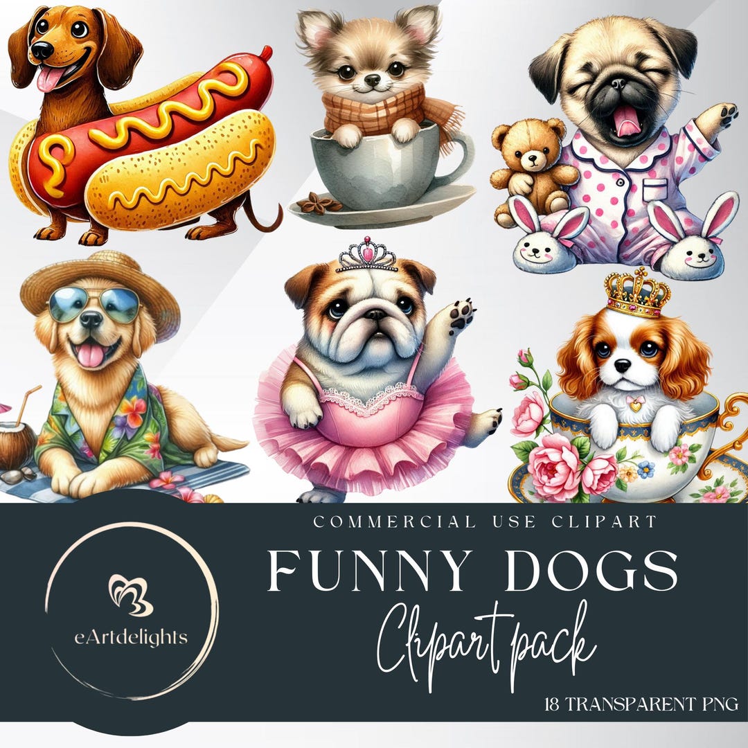 Funny Dog Clipart Bundle, Cute Dog Illustrations, Commercial Use, Hot ...