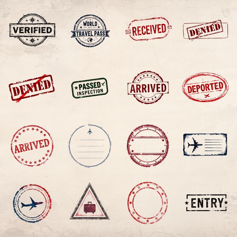 Vintage Passport Stamp Clipart: Travel Junk Journal Graphics (PNG ...