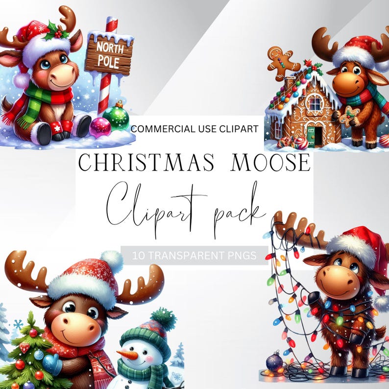 Christmas Moose Cartoon Clipart Pack, Adorable Festive Moose ...