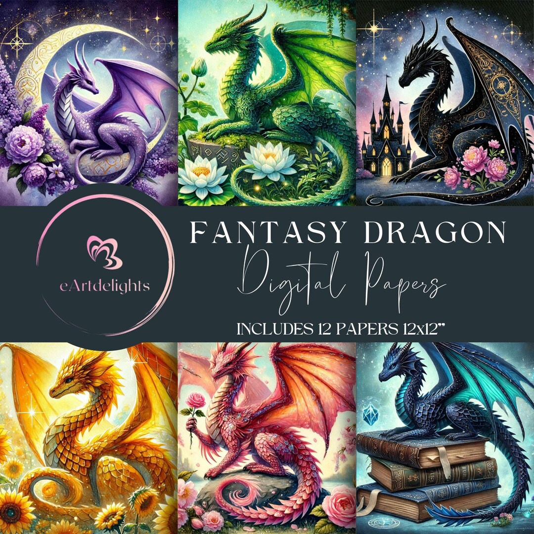 Fantasy Dragons Watercolor Digital Papers: Scrapbook & Junk Journal ...